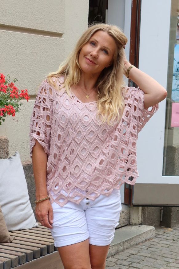 Alva - Virkad topp med löst linne - Rosa - Fanny Michel