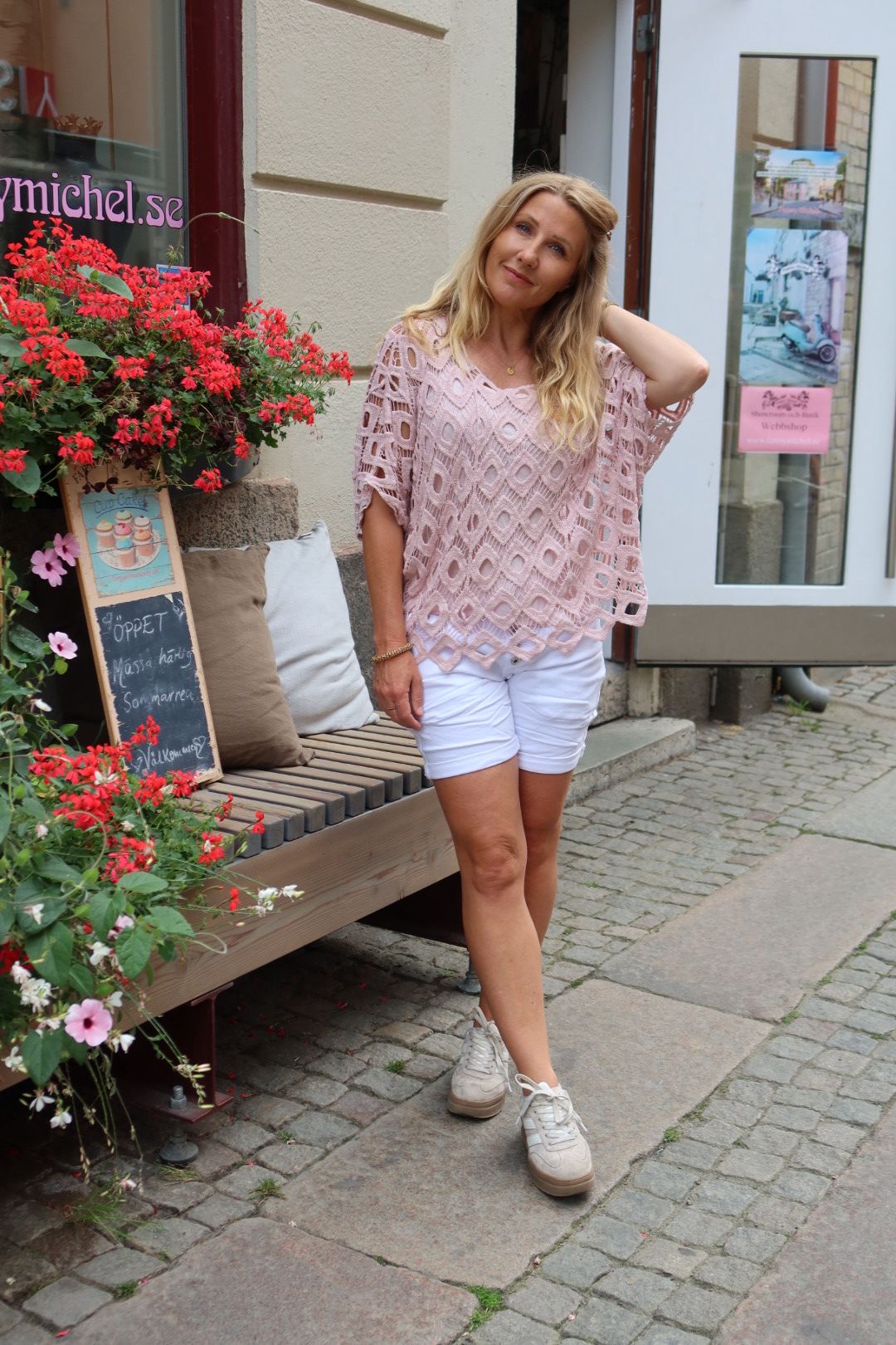 Alva - Virkad topp med löst linne - Rosa - Fanny Michel